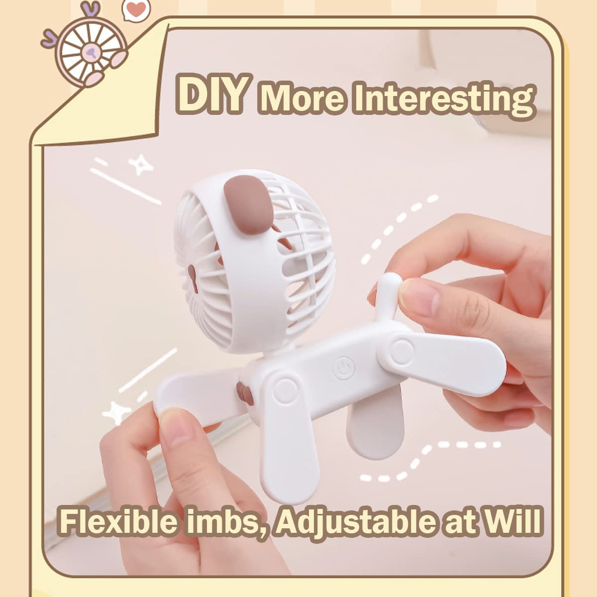 NICE POINT Mini Desk Fan for Kids,Cute Portable Rechargeable White Puppy Table Fan, 3 Speeds Children students handheld folding Small fan for Home Office Outdoor Camping