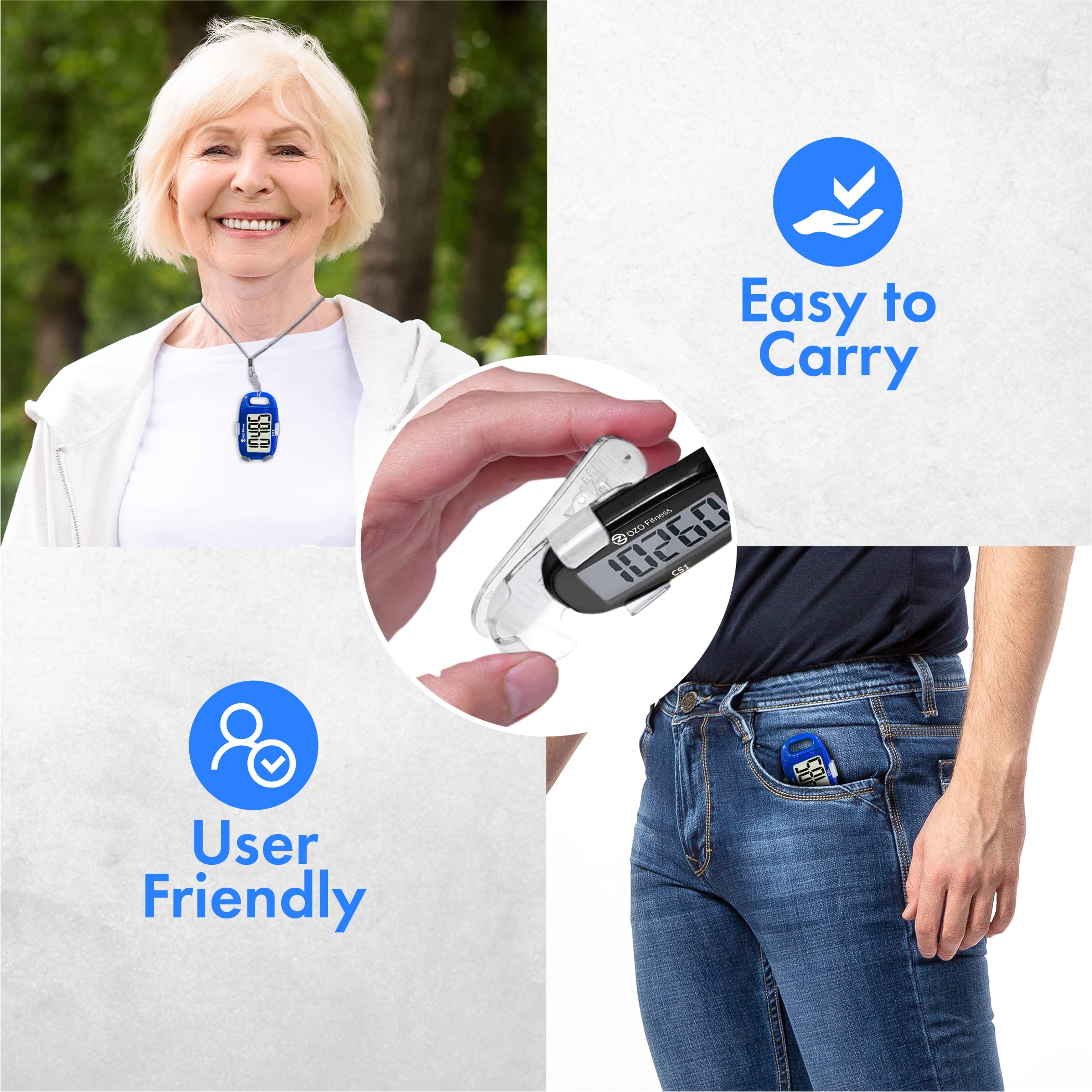 OZO Fitness CS1 Easy Pedometer for Walking - Step Counter with Large Display, Clip on and Lanyard (Blue)