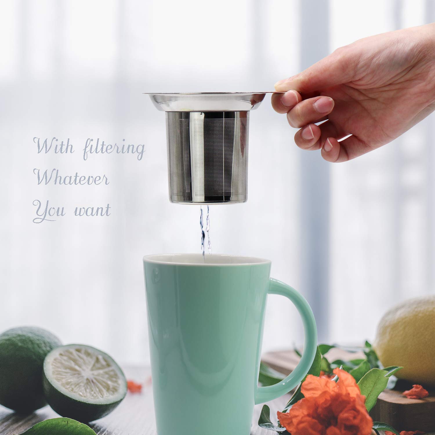 TOSSOW Ceramic Tea mug with Infuser and Lid 14oz Steeping Tea Cups Single Cup Loose Tea Brewing System Teaware with Filter(Turquoise)