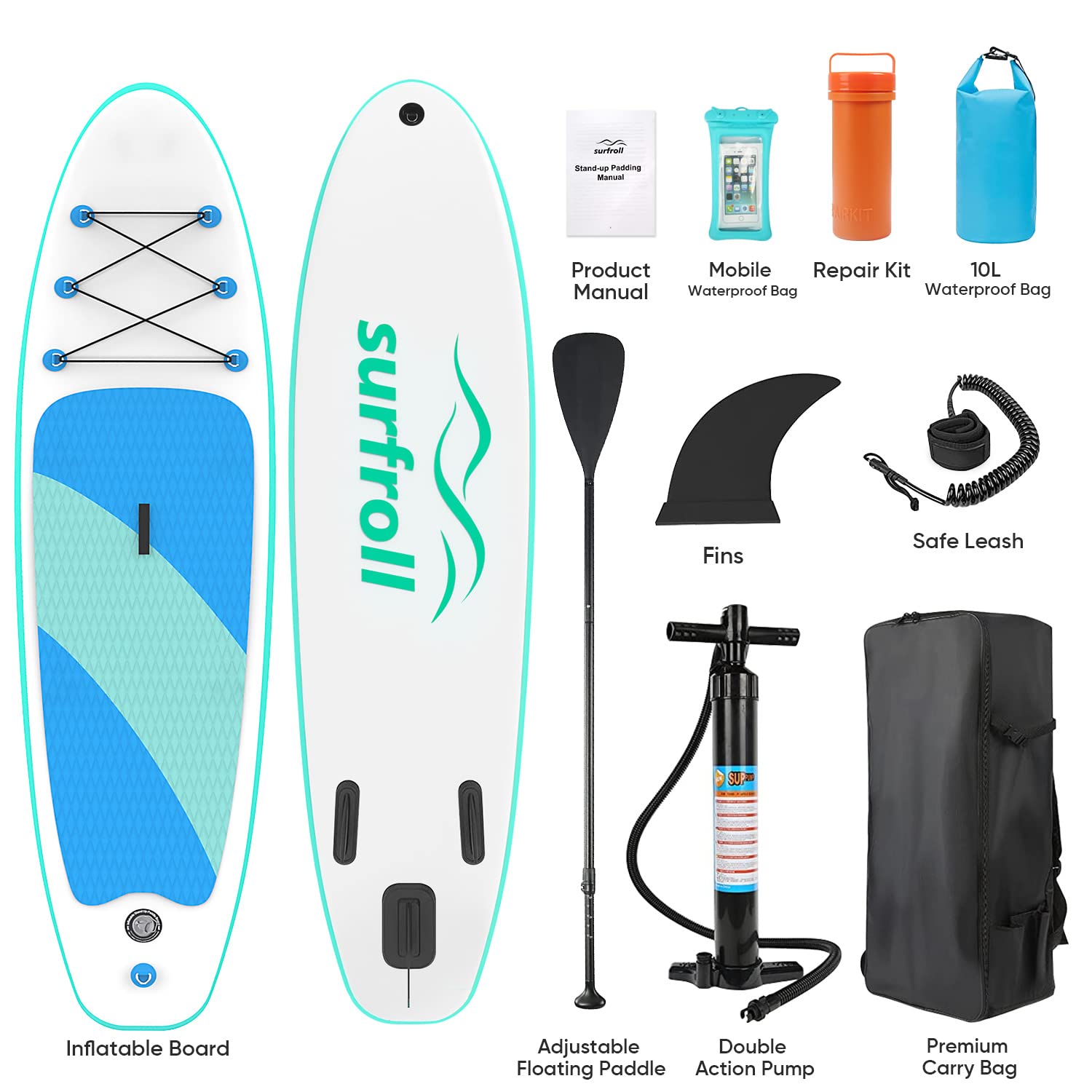 Surfroll Inflatable Stand Up Paddle Board for Adults Anti-Slip Surfboard with Premium Sup Accessories Including Double Action Pump, Paddle, Surf Control, Backpack, Leash, Waterproof Bag, Repair Kit