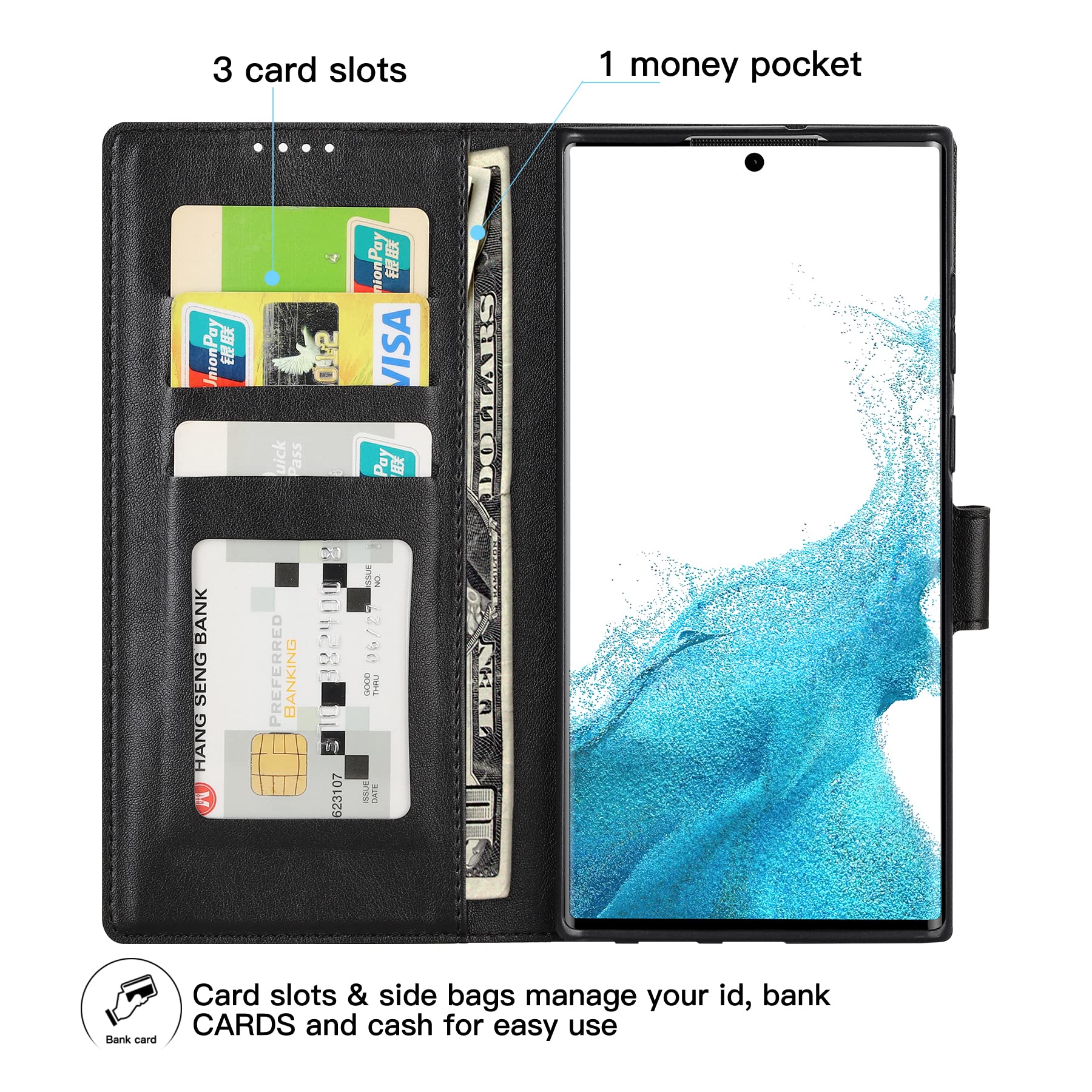Paton Wallet Case for Samsung Galaxy S22 Ultra,PU Leather Galaxy S22 Ultra 5G Case with Card Holster Stand Magnetic Closure,Shockproof Fold Protective Phone Case for Samsung Galaxy S22 Ultra (Black)