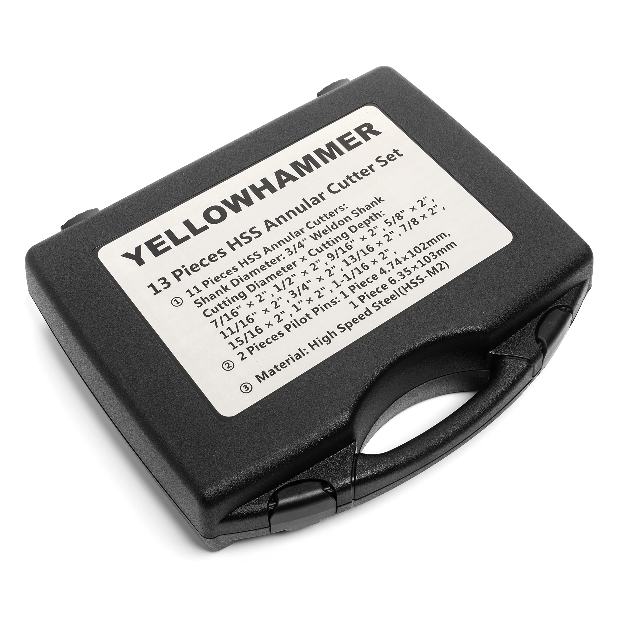 Yellowhammer 13 PC Premium Annular Cutter Set, 3/4β Weldon Shank, 2β Cutting Depth, Diameters: 7/16",1/2",9/16",11/16",5/8",3/4",13/16",7/8",15/16",1",1-1/16"), 2 pilot pins (4.74x102mm, 6.34x103mm)