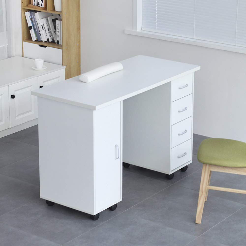 Paddie Nail Table, Manicure Table Nail Desk Station Professional Portable with Wheels for Technician Beauty Salon Art Spa Office, Double Side, White