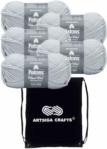 Patons Classic Wool Cool Gray 244077-77791 (5-Skeins - Same Dye Lot) Worsted Medium #4 Wool Yarn for Crocheting and Knitting - Bundle with 1 Artsiga Crafts Project Bag