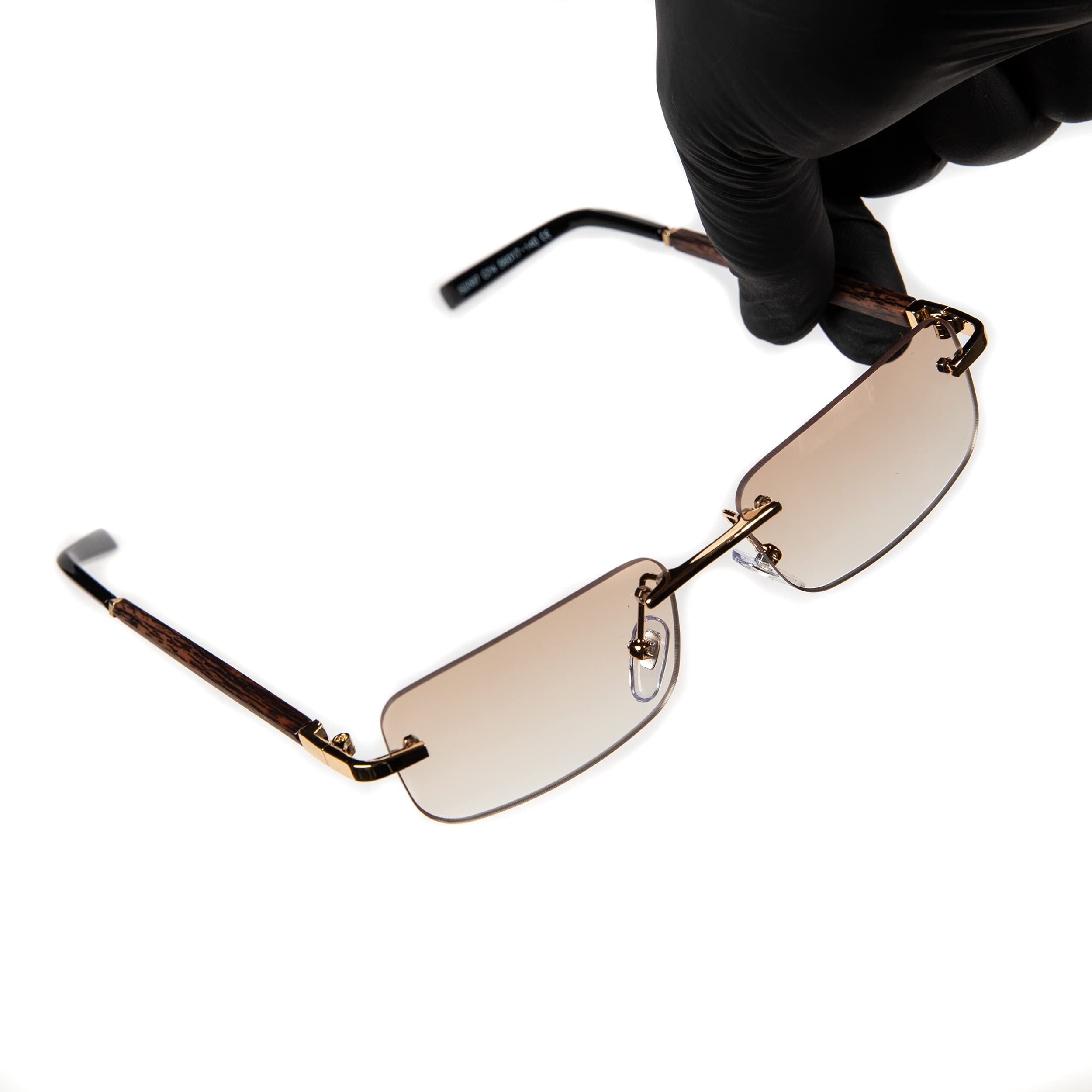 Street Knitted Gold Frame Brown Tint Square Rimless Hip Hop Men's Woodgrain Sunglasses