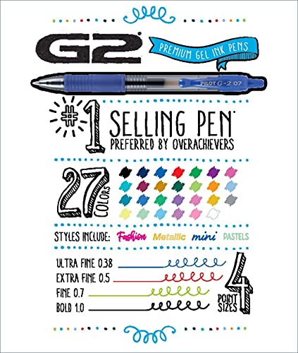 Pilot, G2 Premium Gel Roller Pens, Fine Point 0.7 mm, Blue, Black, Red, Pack of 8