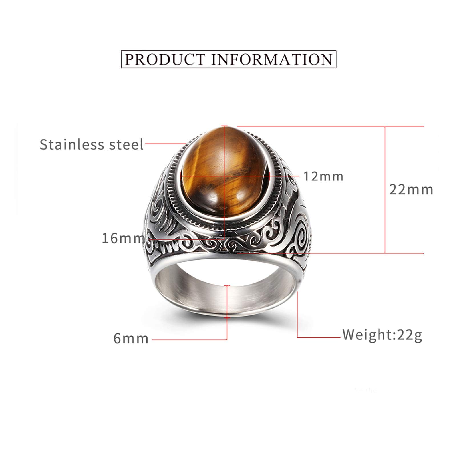 Retro Vintage Stone Rings for Men Turquoise Rings Stainless Steel Signet Biker Band Black Stone 10