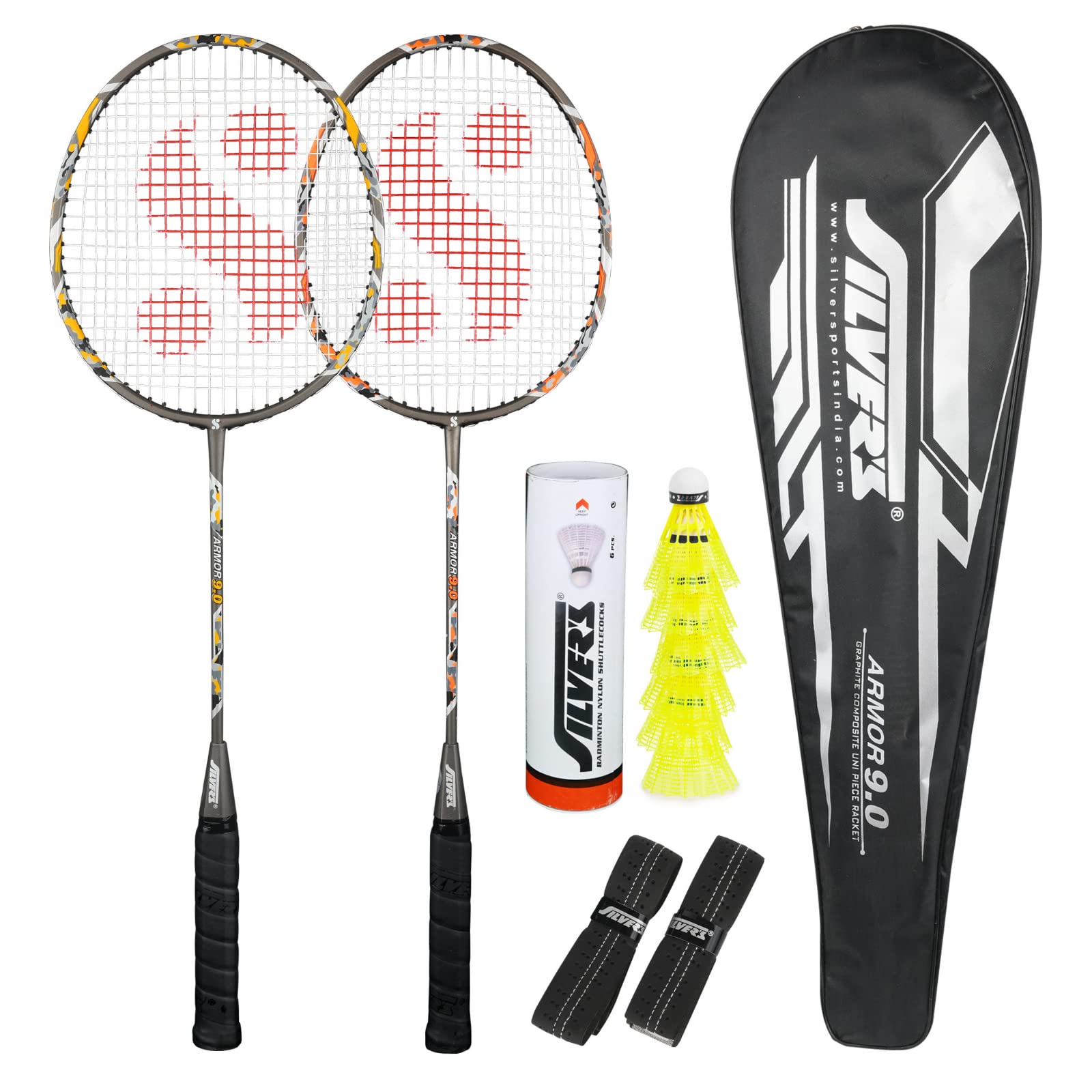Silver's Silver’s 2 Player Uni-Piece Semi-Graphite Badminton Racket Set | Includes Rackets, 1 Padded Bag, 6 Nylon Shuttlecocks and Extra Overgrip Tapes Grey/Orange Camo, Grey/Yellow Camo