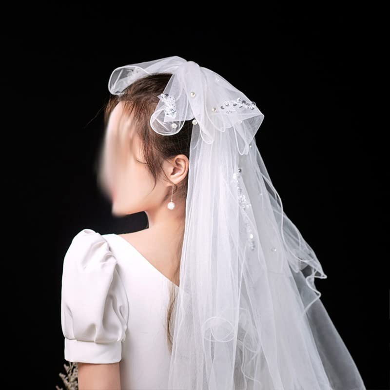 ZLXDP Wedding Veil with Big Bow Hair Accessories for Brides Multi-Tier White Sheer Tulle Curly Edge Short Length Headwear