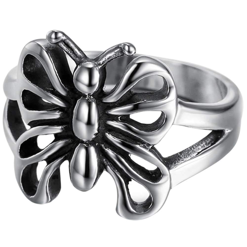 Retro Vintage Stainless Steel Butterfly Style Mother's Day Daughter Birthday Cocktail Party Biker Ring (Silver, 6)