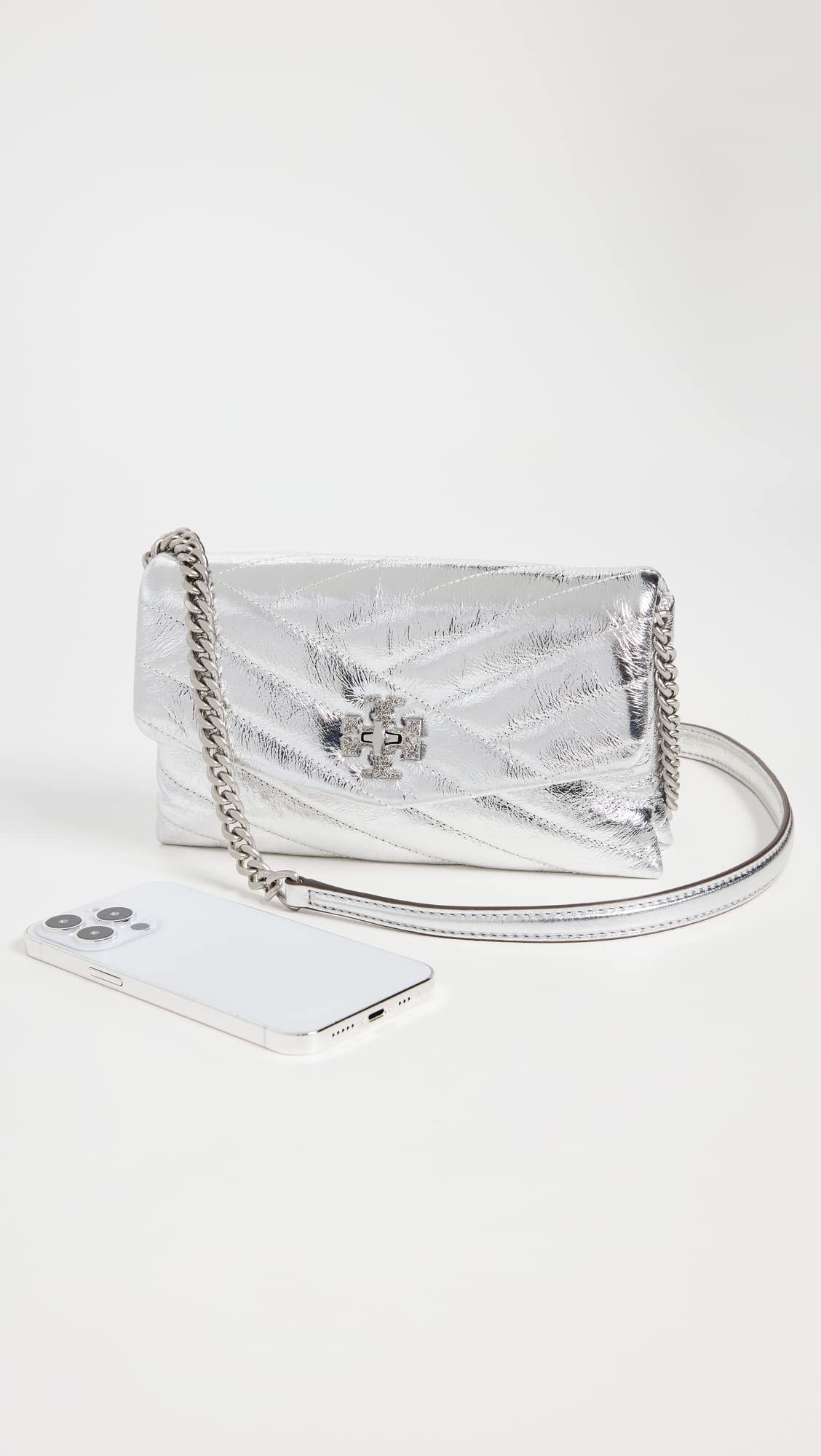 Tory Burch Women's Kira Chevron Metallic Pave Logo Chain Wallet, Silver, One Size
