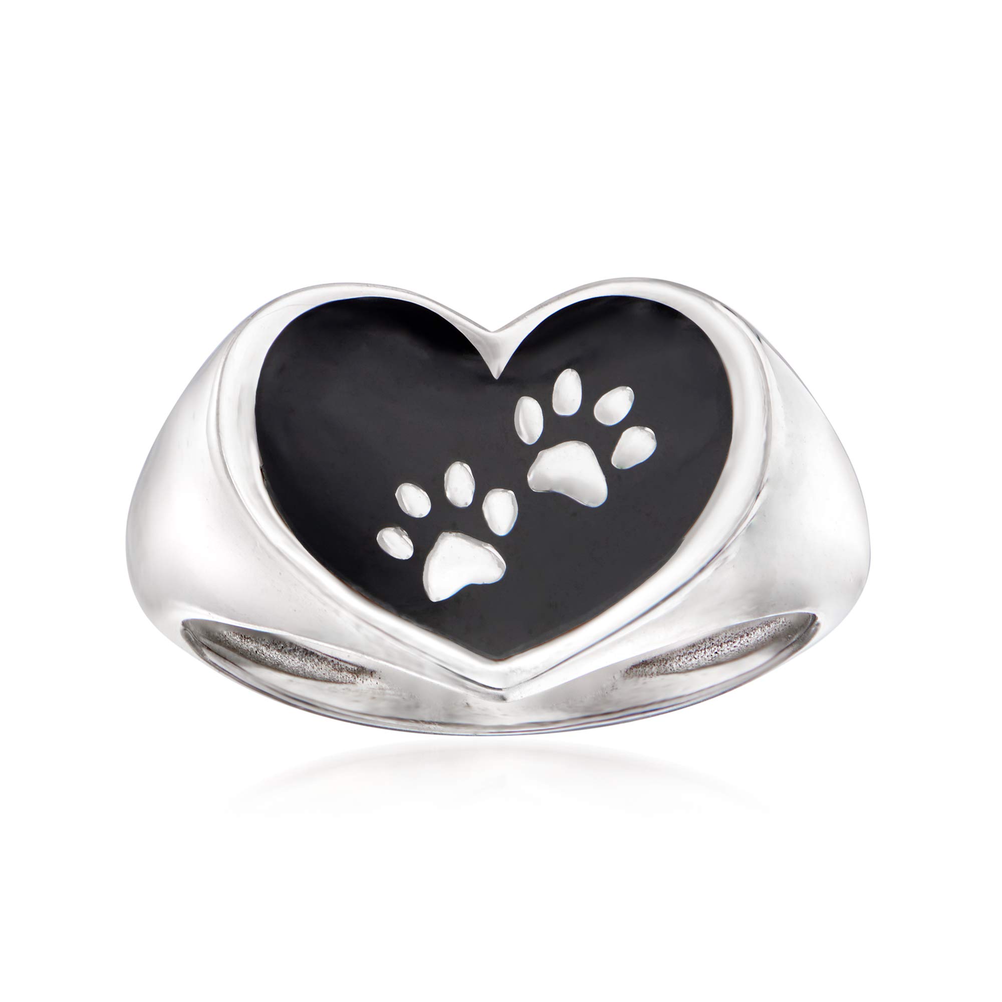 Ross-Simons Italian Sterling Silver and Black Enamel Paw Print Heart Ring. Size 6