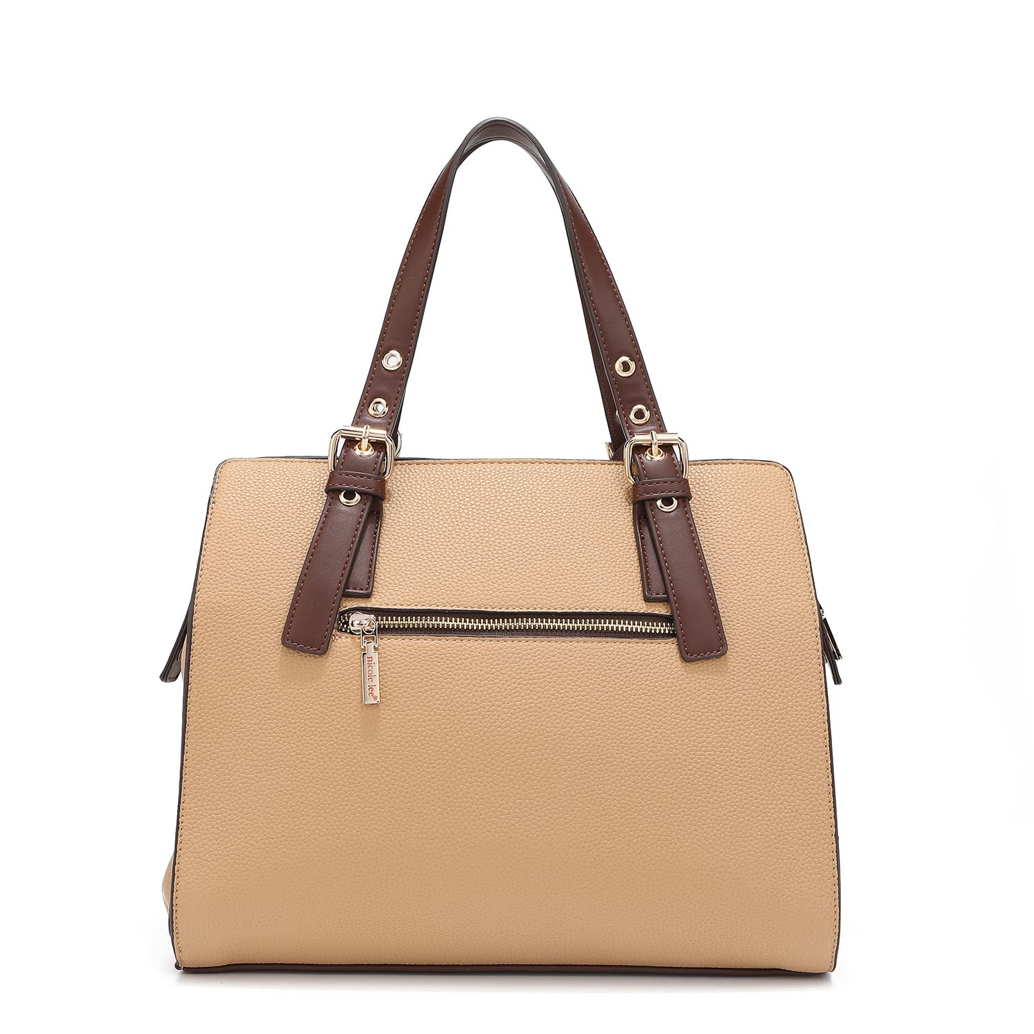 Nicole Lee Isabel Structured Satchel, Medium Shoulder Handbag with Detachable Crossbody Strap and Designer Logo Strap (Beige)