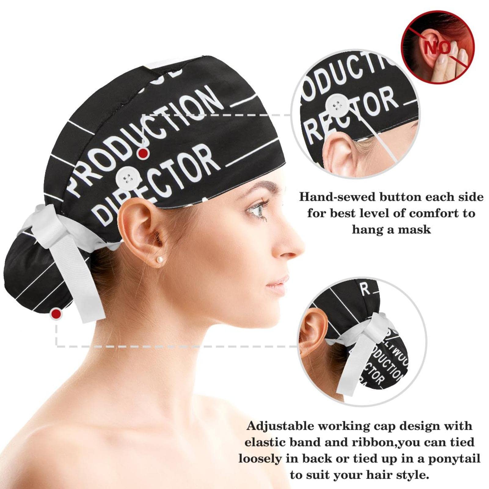 Nurse Scrub Caps Long Hair,Movie Cinema Lapper Board Adjustable Working Cap with Buttons and Bow Hair Scrunchie