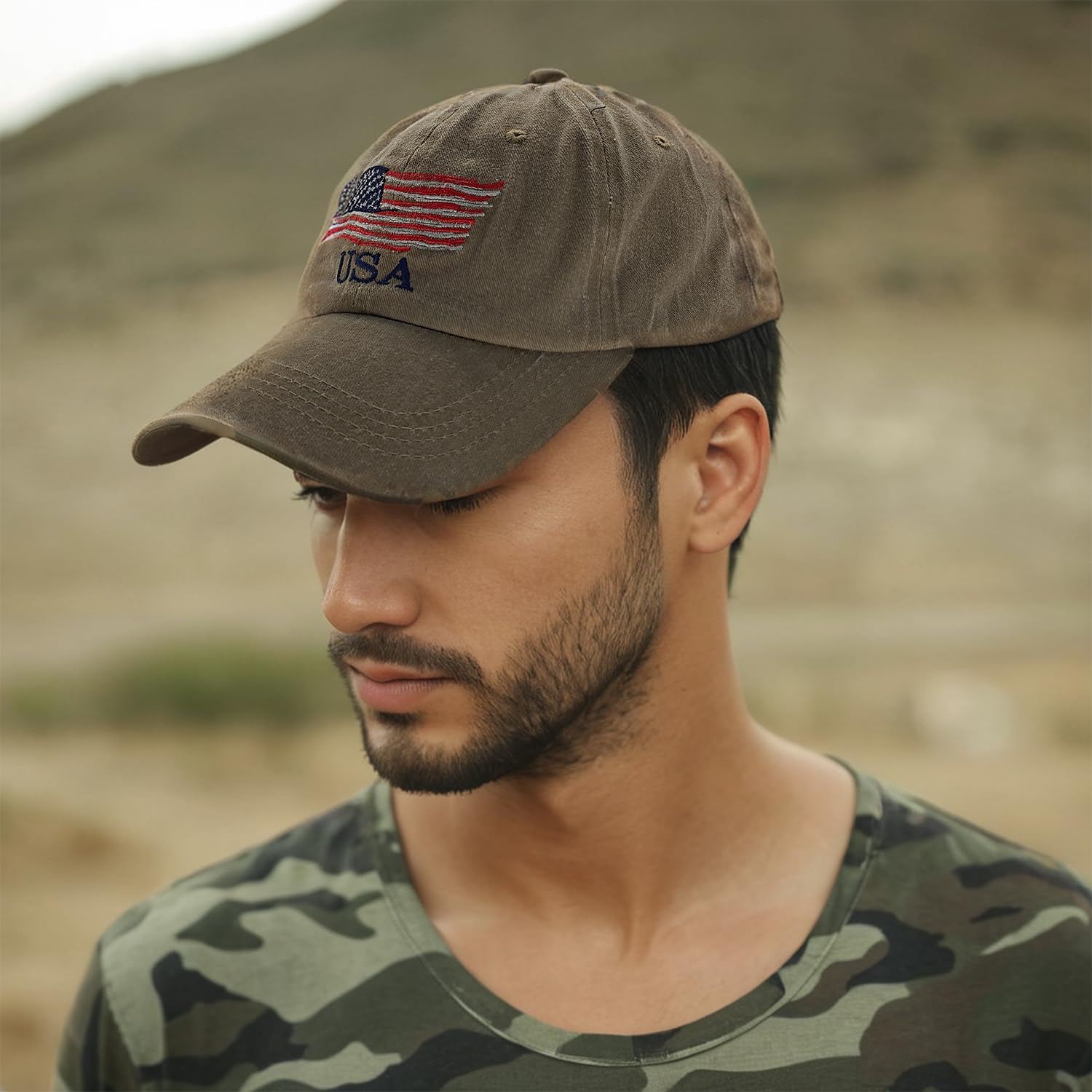 MEISHIMEIKE American Flag Hat for Men Women Adjustable Cotton Baseball Cap (Black)