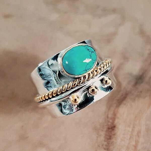 Turquoise Wide Band Ring for Women, Mothers Day Gifts, Spinner Silver Ring, Relief Fidget & Anxiety Wide Band, Meditation Ring (9, A)