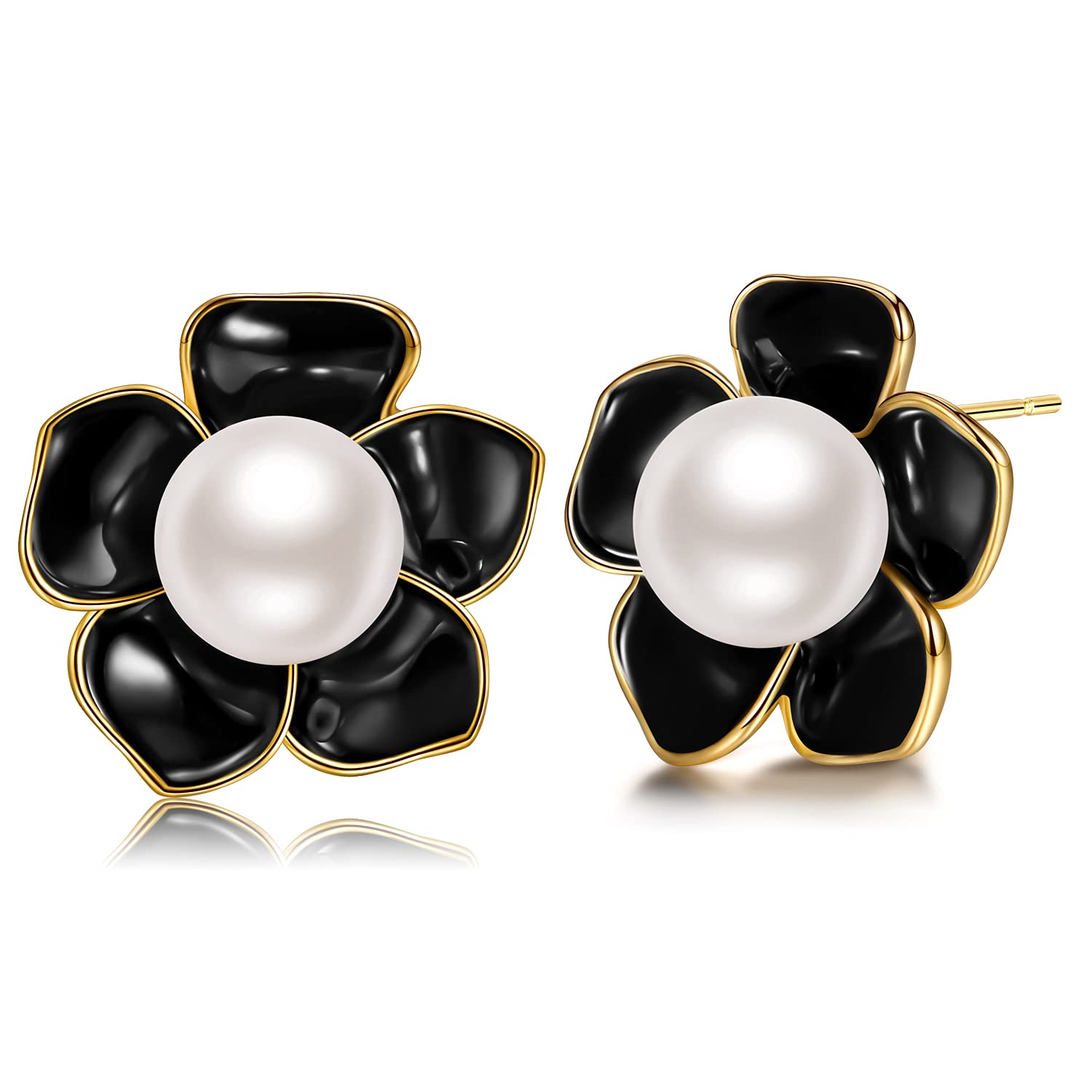 Stud Earings 14K Gold Plated 925 Sterling Silver Post Rose Flower & Pearl Stud Earrings for Women (white)