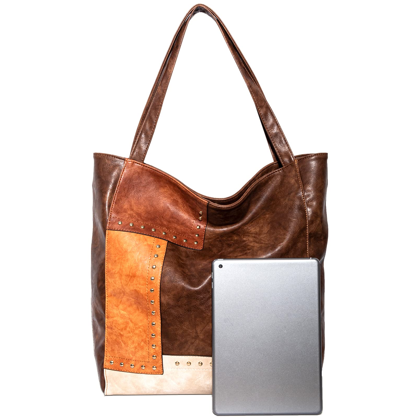 Tote Bag for Women, Large Leather Shoulder, Vegan Leather Handbag, Creative Stitching Rivet Decoration Leather Purse, With Travel, Work, Vacation