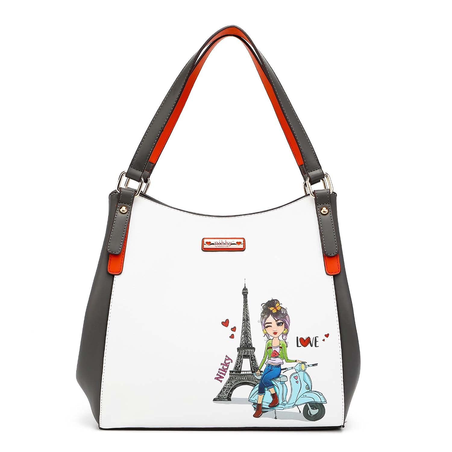 Nicole Lee Nikky Scooter Sophie Fashion Print Hobo Bag, White Vegan Leather Handbag