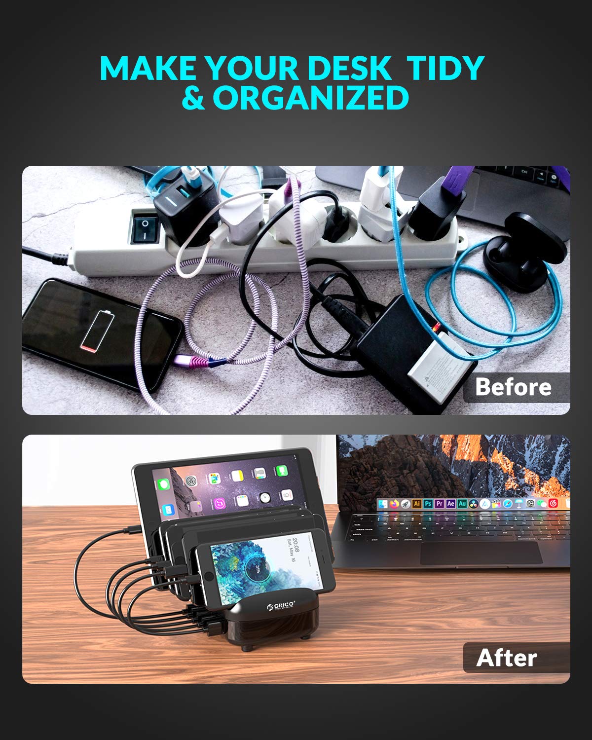 ORICO USB Charging Station 5-Port Fast Charging Dock for Multiple Devices, Smart Charger Organizer with 5 Short Charger Cables Compatible for Apple iPad iPhone Android (5 Charging Cables Included)