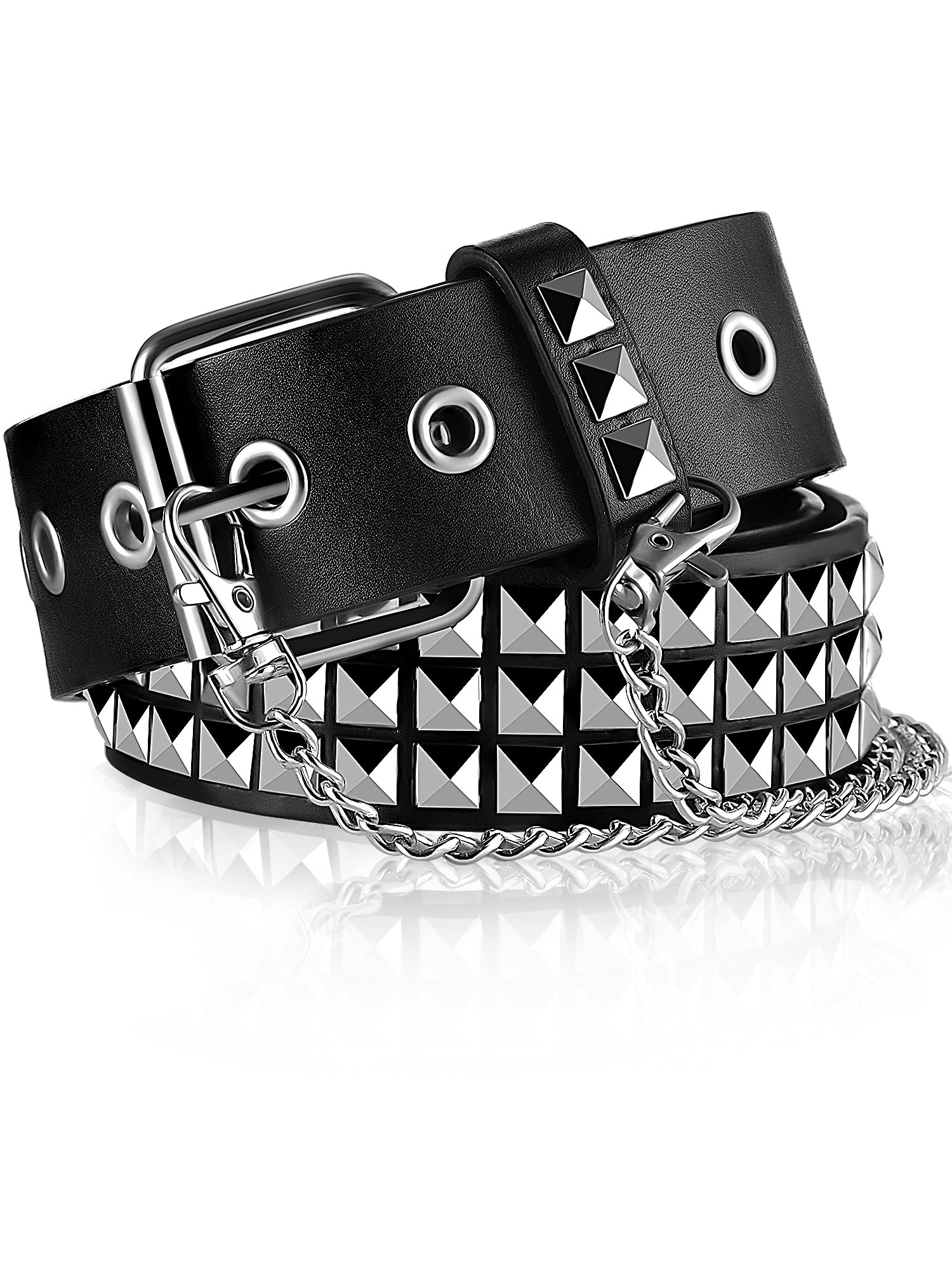 Studded Belts Punk Rock Belts for Women Threads Goth Pyramid Pu Leather Belts with Chains for Gothic Clothing Accessories (Black)
