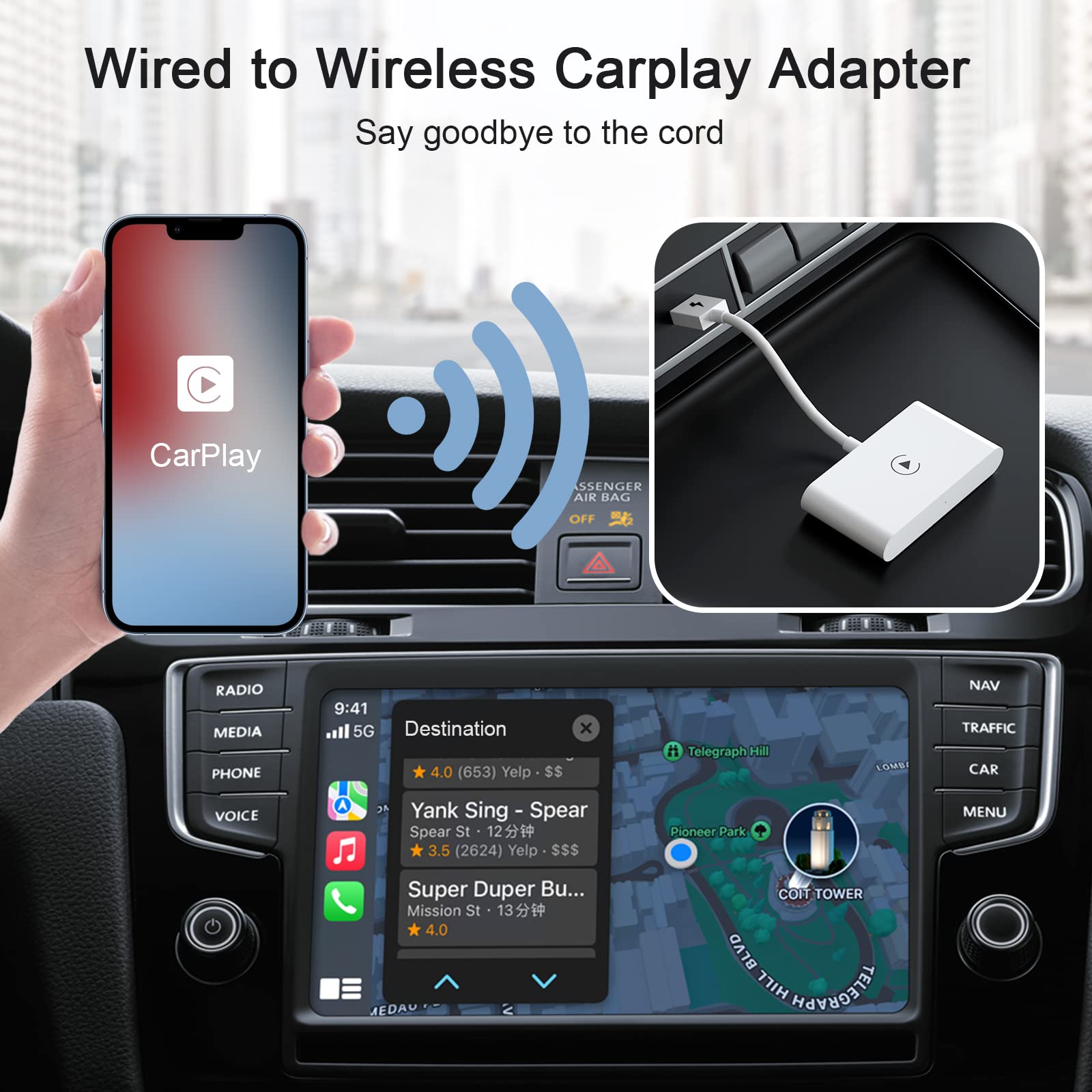 Wireless CarPlay Adapter Compatible with iPhone, iOS, Apple, Siri – Car Play Wireless Adapter WiFi Adapter for Music, Video Content, App Control, Online Map, 5G