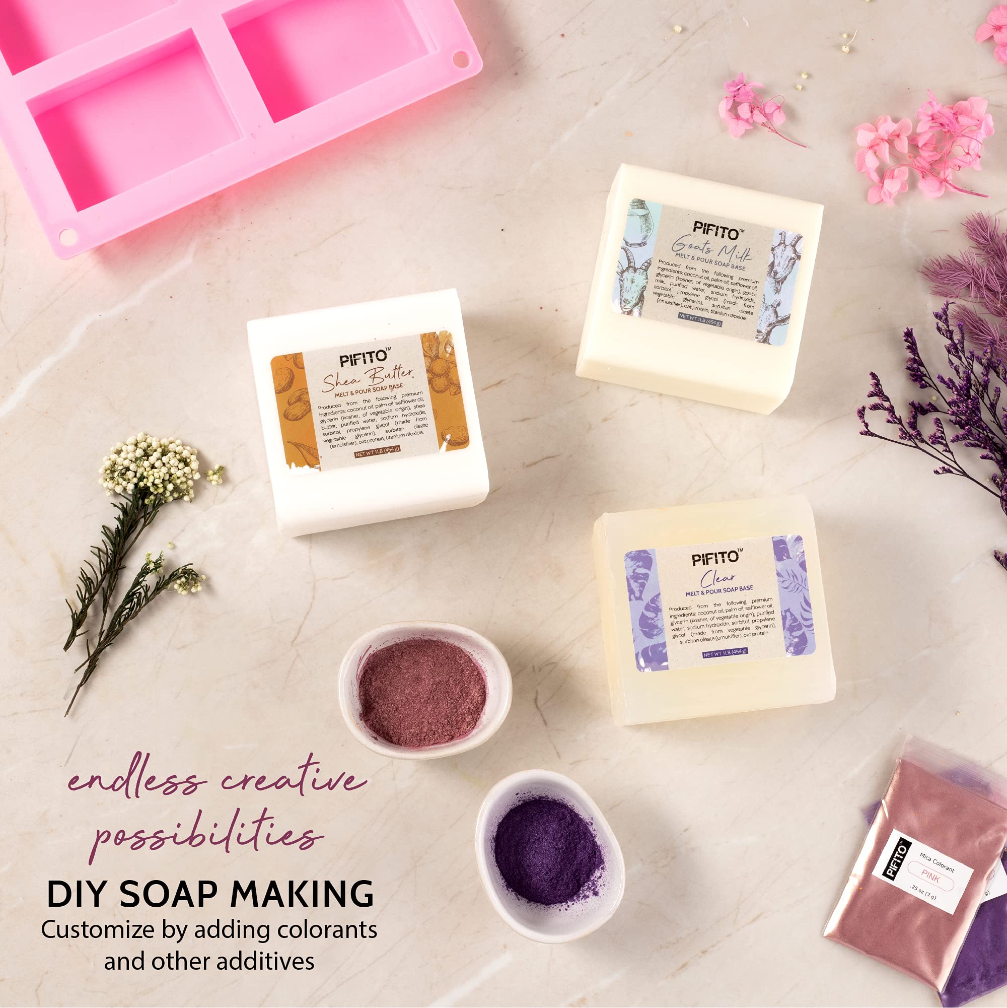 Pifito Soap Making Kit β DIY Soap Making Supplies - 3 lbs Melt and Pour Soap Base (Goats Milk, Shea Butter, Clear), 10-Pack Mica Original Colorants Sampler, Mold and Instructions