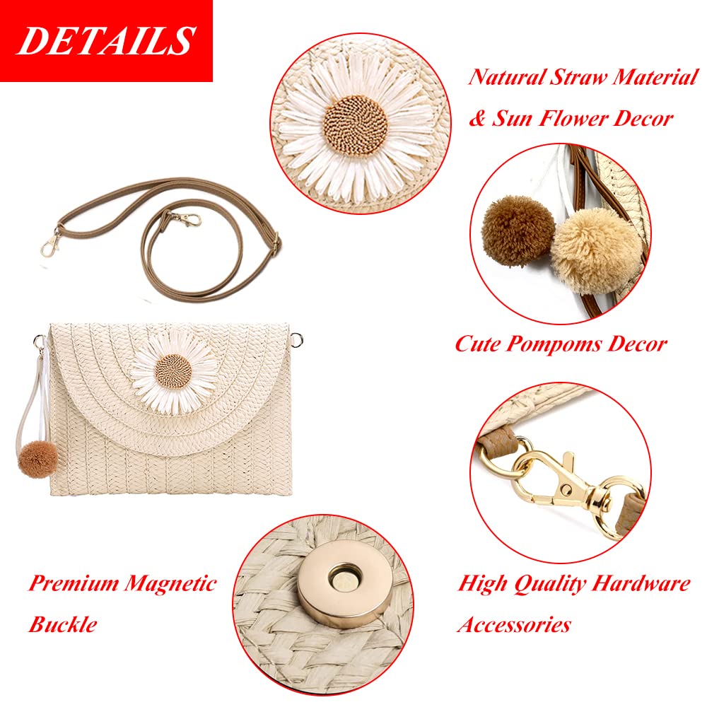 YDQUANI Straw Shoulder Bag Womens Straw Clutch Handbag Straw Crossbody Bag Summer Beach Woven Envelope Purse Wallet