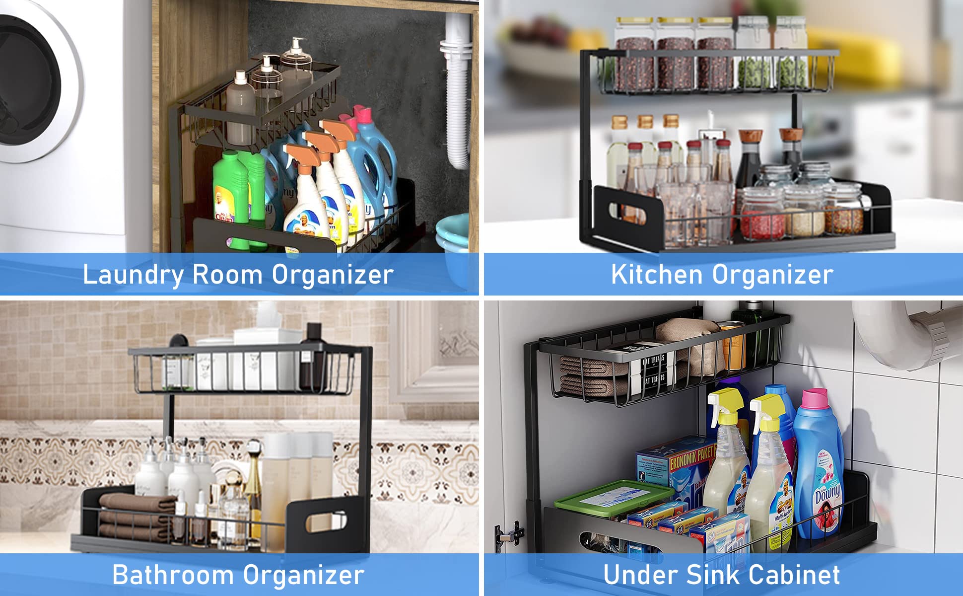 Meegoo Under Sink Organizer, 2 Tier Pull Out Cabinet Organizer, Heavy Duty Metal Shelf Cabinet Storage Shelves for Kitchen Bathroom Organization Multi-Use (Black)