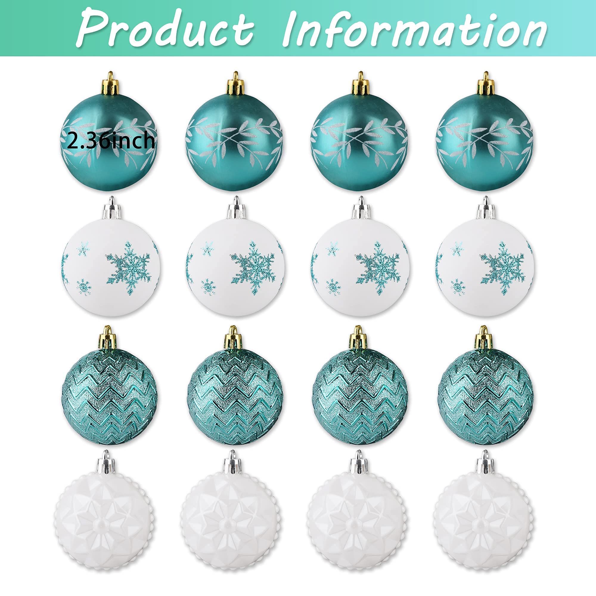 PIIDUOO Christmas Balls Ornaments for Xmas Tree - Small Shatterproof Christmas Tree Decorations White Teal Balls Ornament Plastic, 2.36 Inches | 60mm, Set 16pcs