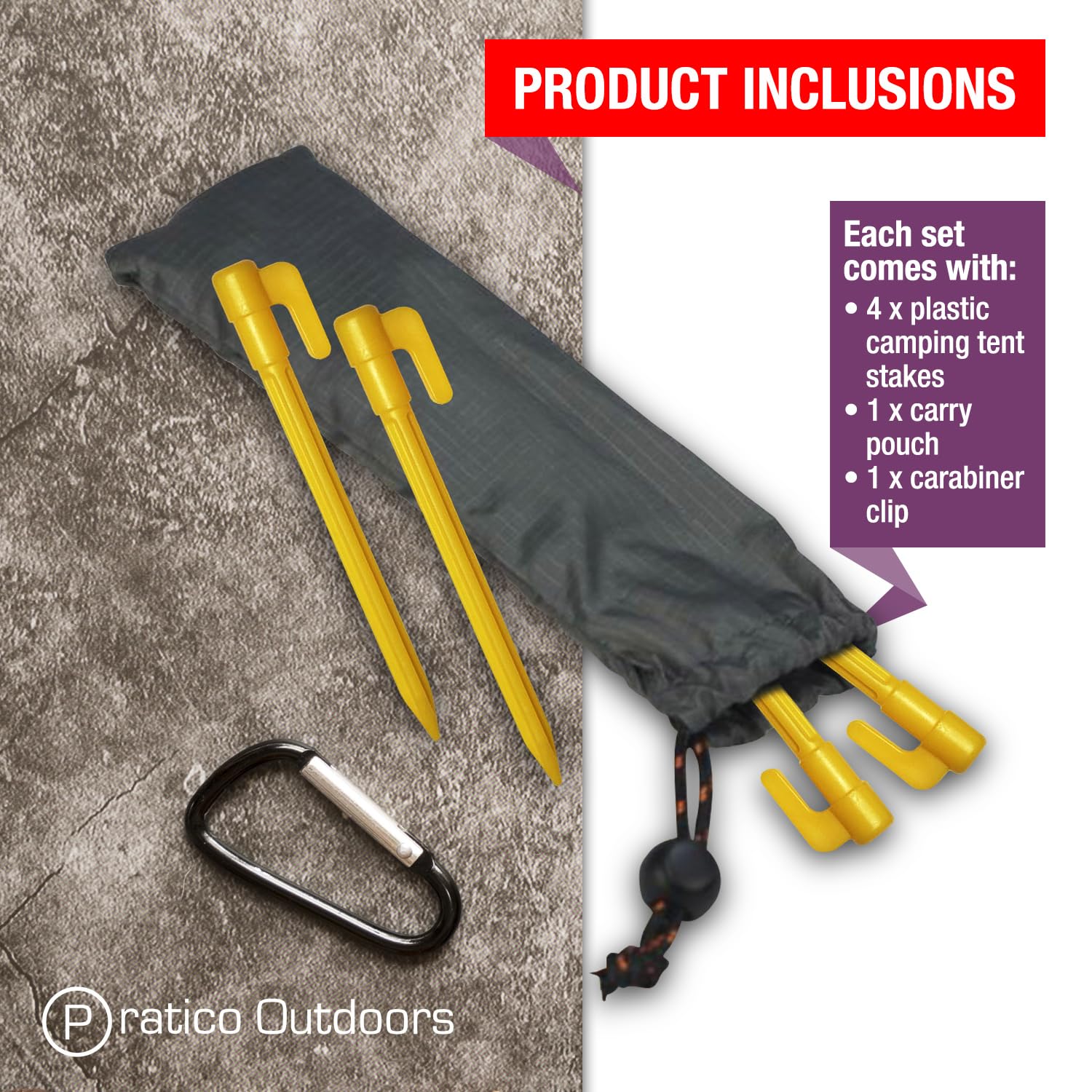Pratico Outdoors Plastic Camping Stakes, for Tents and Blankets, 4 Pack