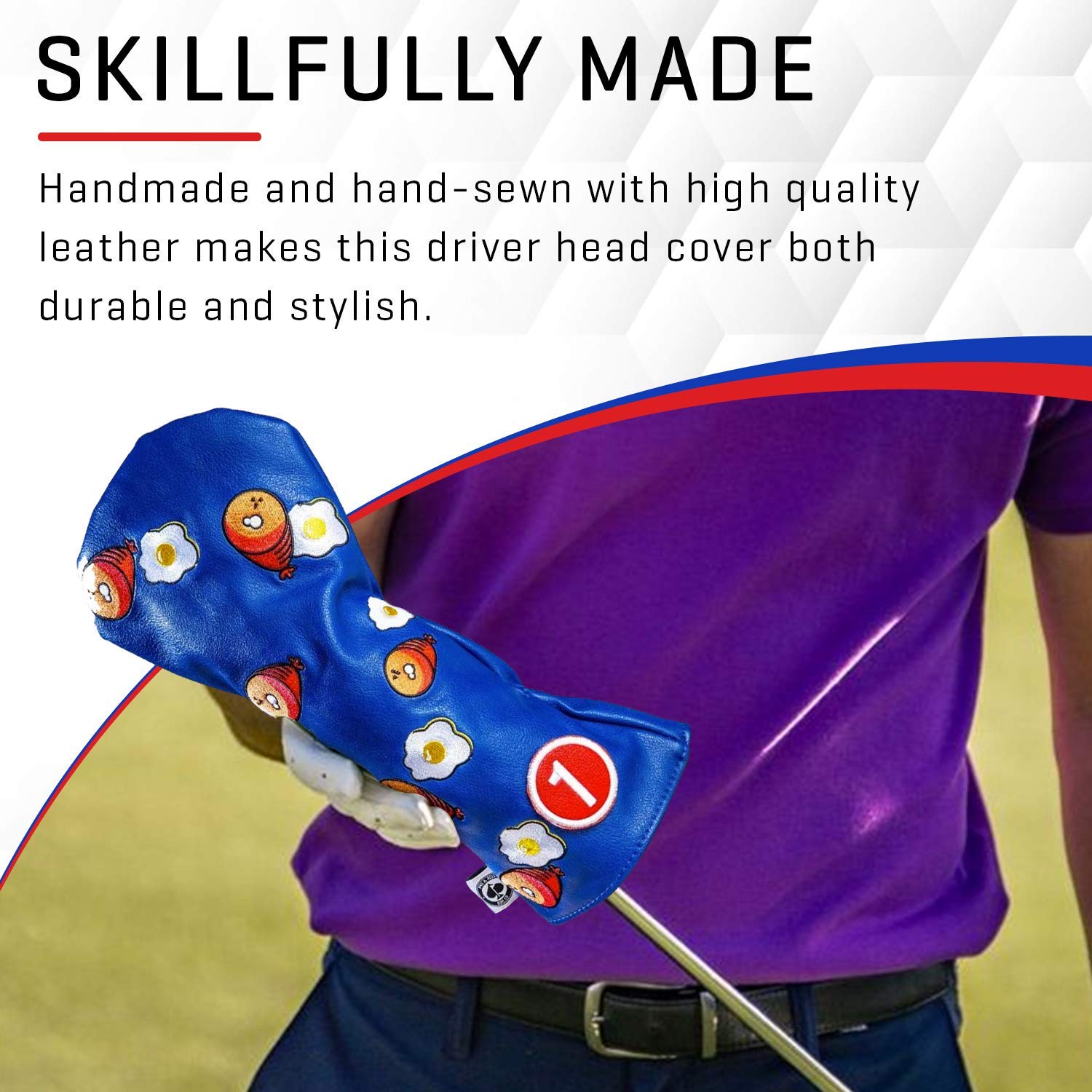 Pins & Aces Golf Co. Ham & Eggs Driver Wood Head Cover - Premium, Hand-Made Leather 1W Headcover - Funny, Tour Quality Golf Club Cover - Style and Customize Your Golf Bag (Driver)