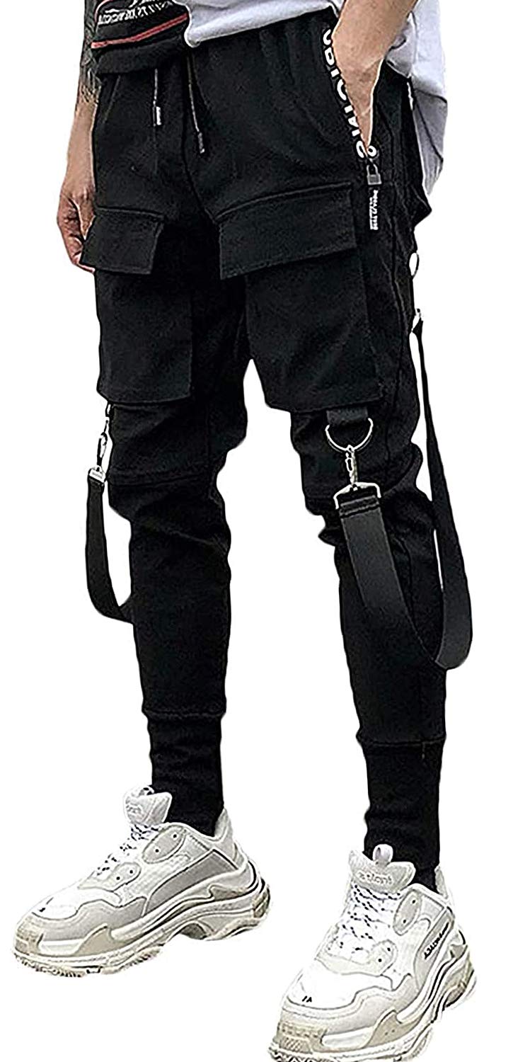 MOKEWEN Men's Multi Pocket Street Punk Hip Hop Casual Cargo Trousers Joggers Dancing Harem Pant 31-32