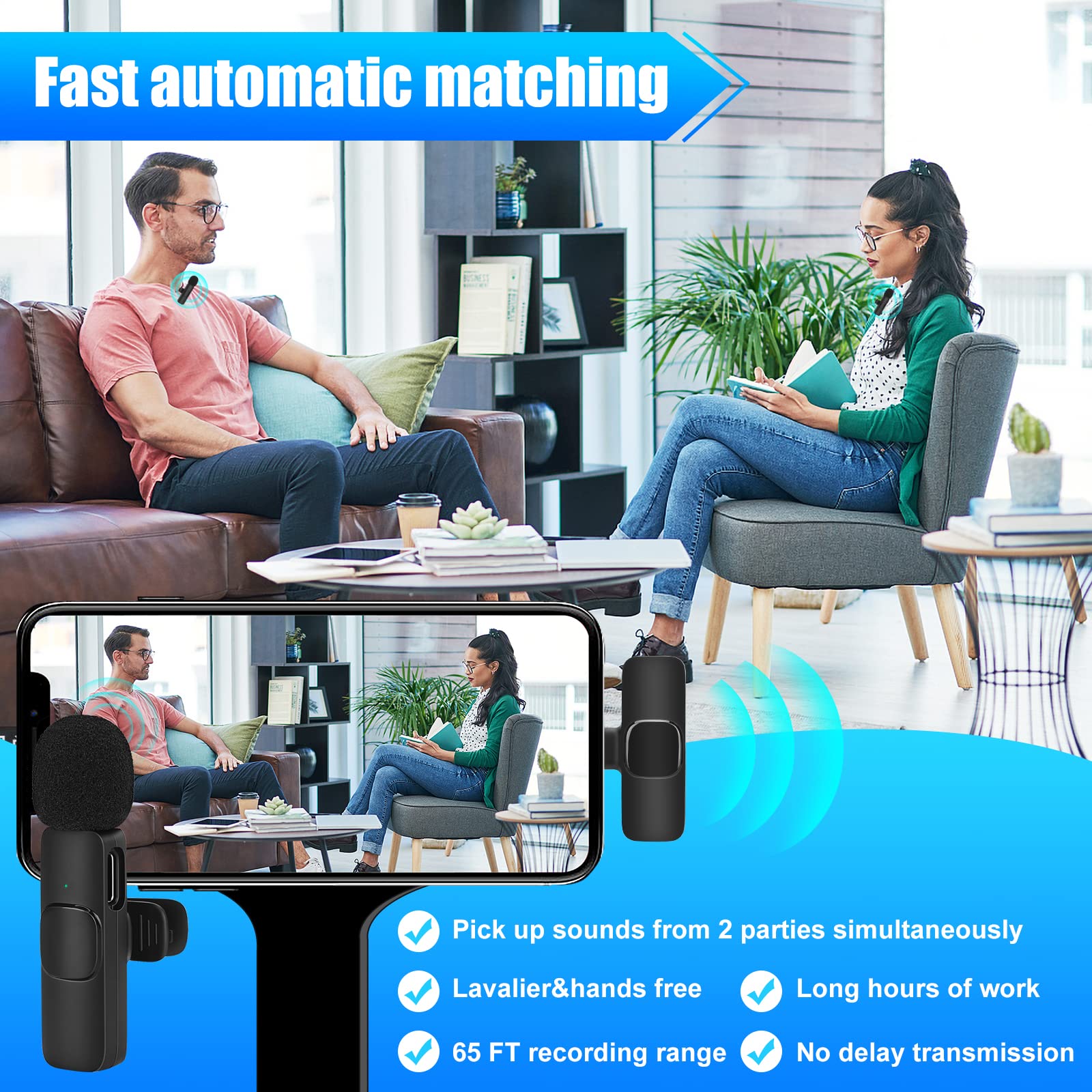 Wireless Microphone for iPhone iPad, Wireless Lavalier Microphone, Plug and Play Ultra-Low Latency Built-in Noise-Canceling Chip Long Working Time Wireless Mic for iPhone Video Recording, Live Stream