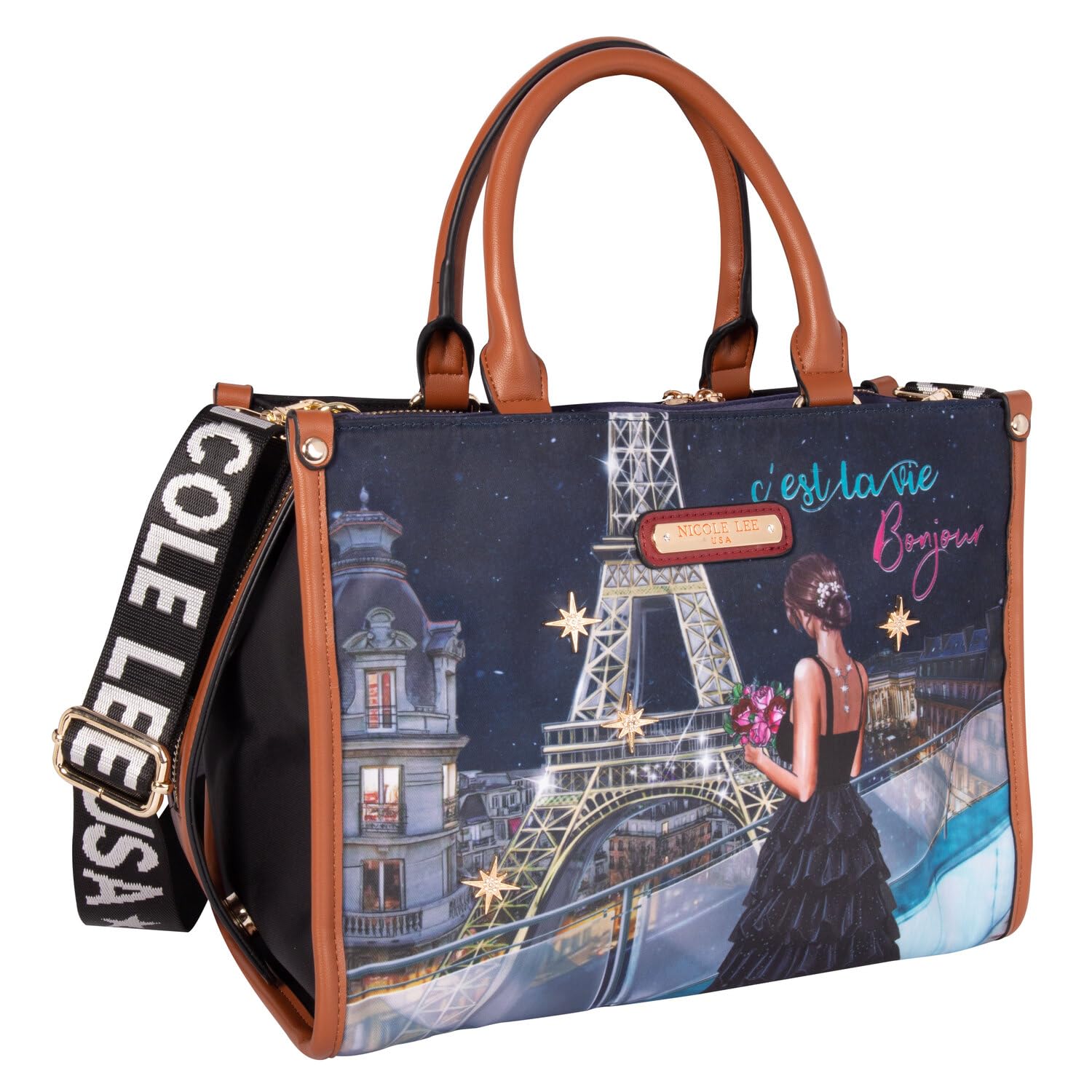 Nicole Lee Nylon Tonight For You Satchel, Lightweight Durable Handbag with 3 Compartments, Embellished Paris Fashion Print, Navy Blue