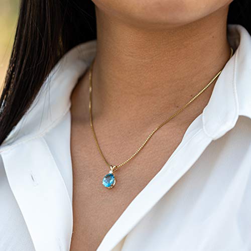 PEORA 14K Yellow Gold 3 Carats Swiss Blue Topaz with Diamond Pendant, Genuine Gemstone Birthstone, AAA Grade Oval Shape 10x8mm, Elegant Solitaire Design
