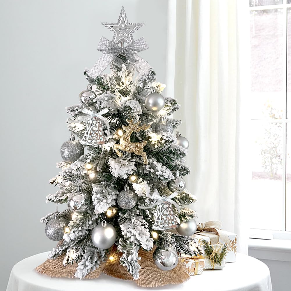 Mini Christmas Tree 2ft Tabletop Small Christmas Tree for Table Top, Artificial Snow Flocked Arbol de Navidad with Xmas Ornaments, Christmas Decorations for Home Apartment Office