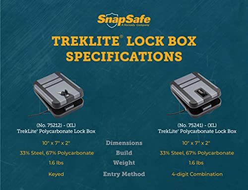 SnapSafe Treklite Combination Lock Box - Polycarbonate Portable and Lightweight Gun Lock Box - with Keyed Lock and Foam Lining - Ideal for Travel, TSA Approved - XL, Black, 10 x 7 x 2 Inches