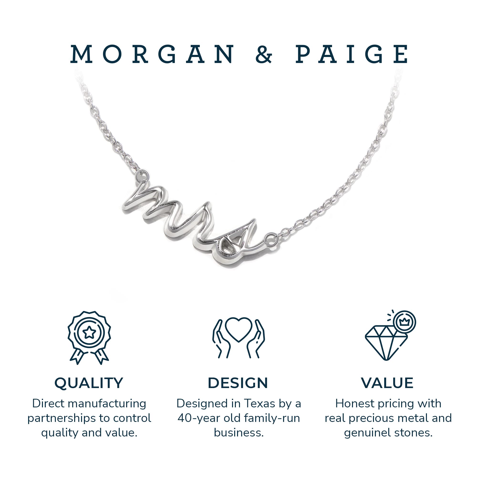 MORGAN & PAIGE Dainty Statement Necklace for Women, Sterling Silver Pendant with Cursive Letters, Everyday Jewelry, 16 inch with 2 inch Extender Chain