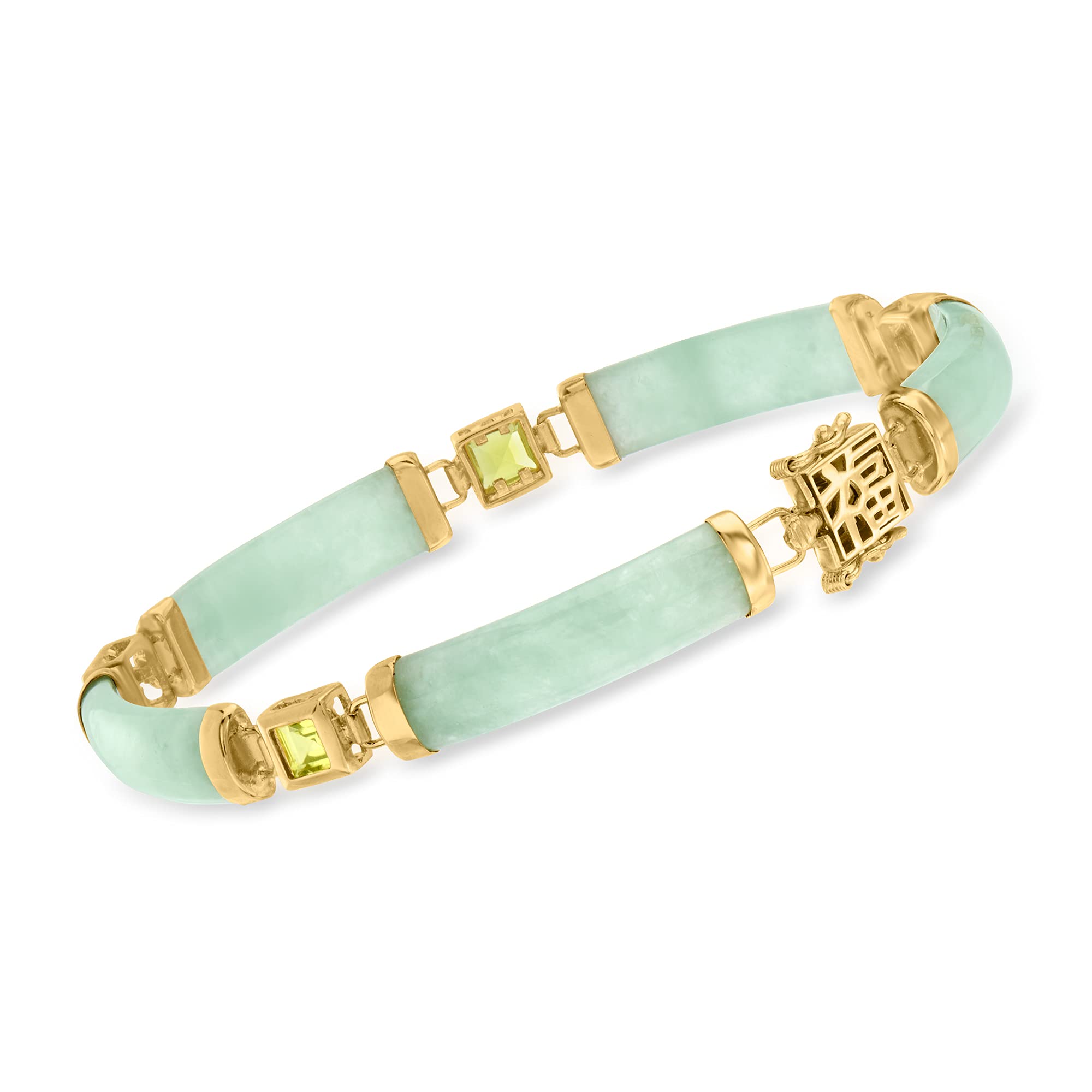 Ross-Simons Jade and 1.50 ct. t.w. Peridot Good Fortune Bracelet in 18kt Gold Over Sterling. 7.5 inches