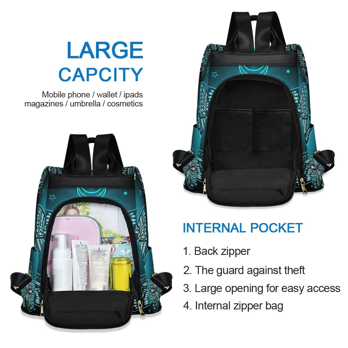 ZOEO Anti Theft Backpack Butterfly Skull Blue Boho Mandala Women Large Fashion Travel Shoulder Bag Purse Rucksack Lightweight