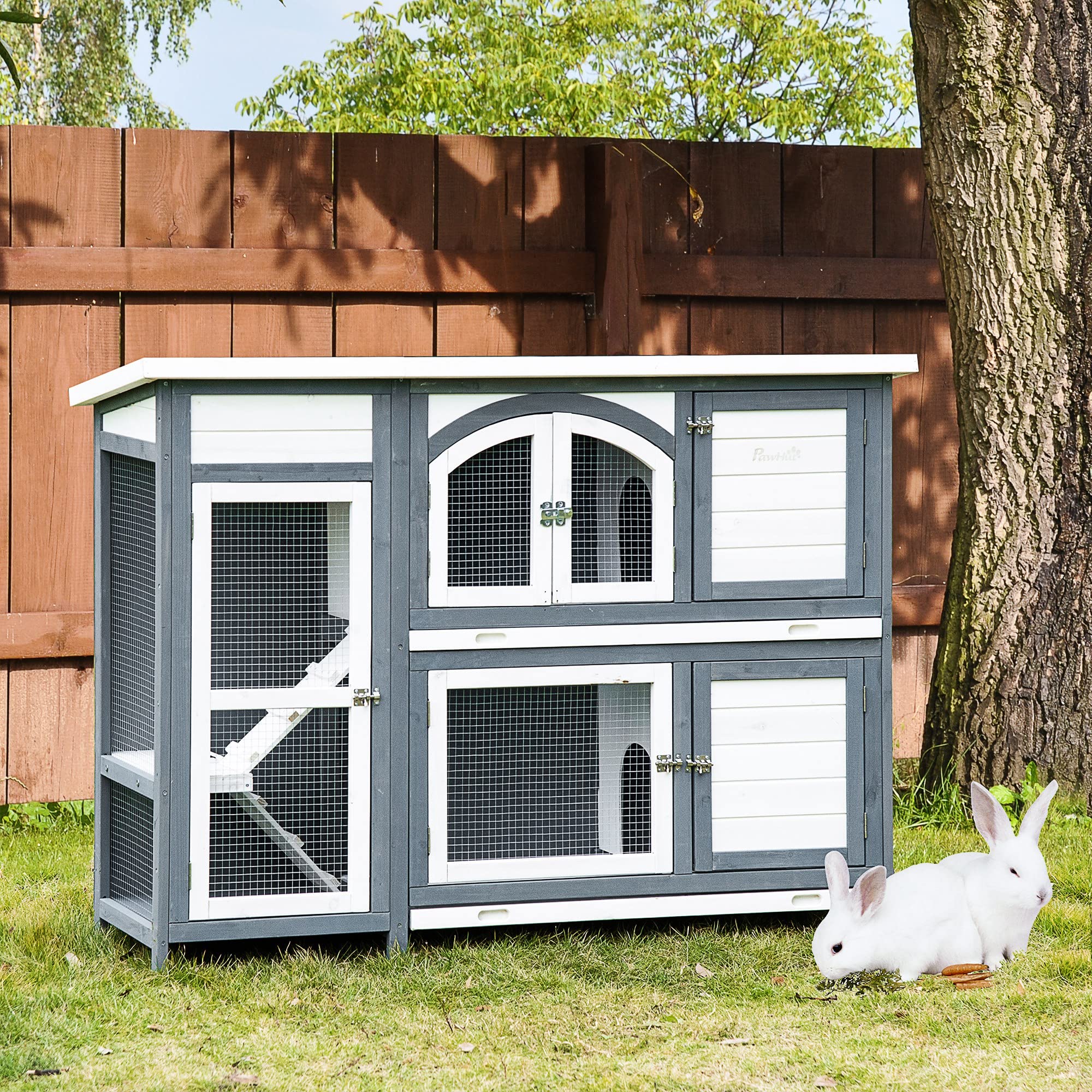PawHut 57" Cute Rabbit Hutch with Triple Stories, Large Rabbit Cage with Decorative Look, Wood Outdoor or Indoor Rabbit Hutch