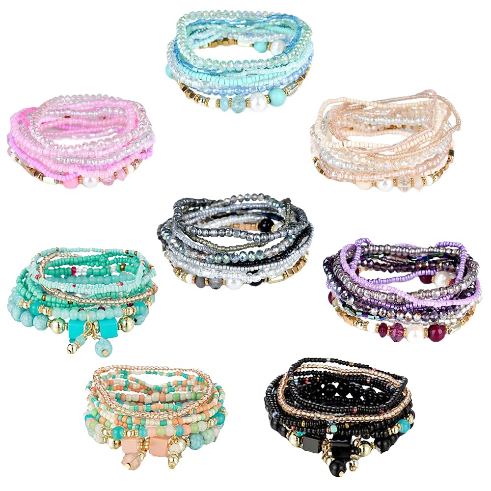 Svovin 8 Sets Bohemian Stackable Bead Bracelets for Women Men Stretch Multilayered Bracelet Set Boho Multicolor Jewelry
