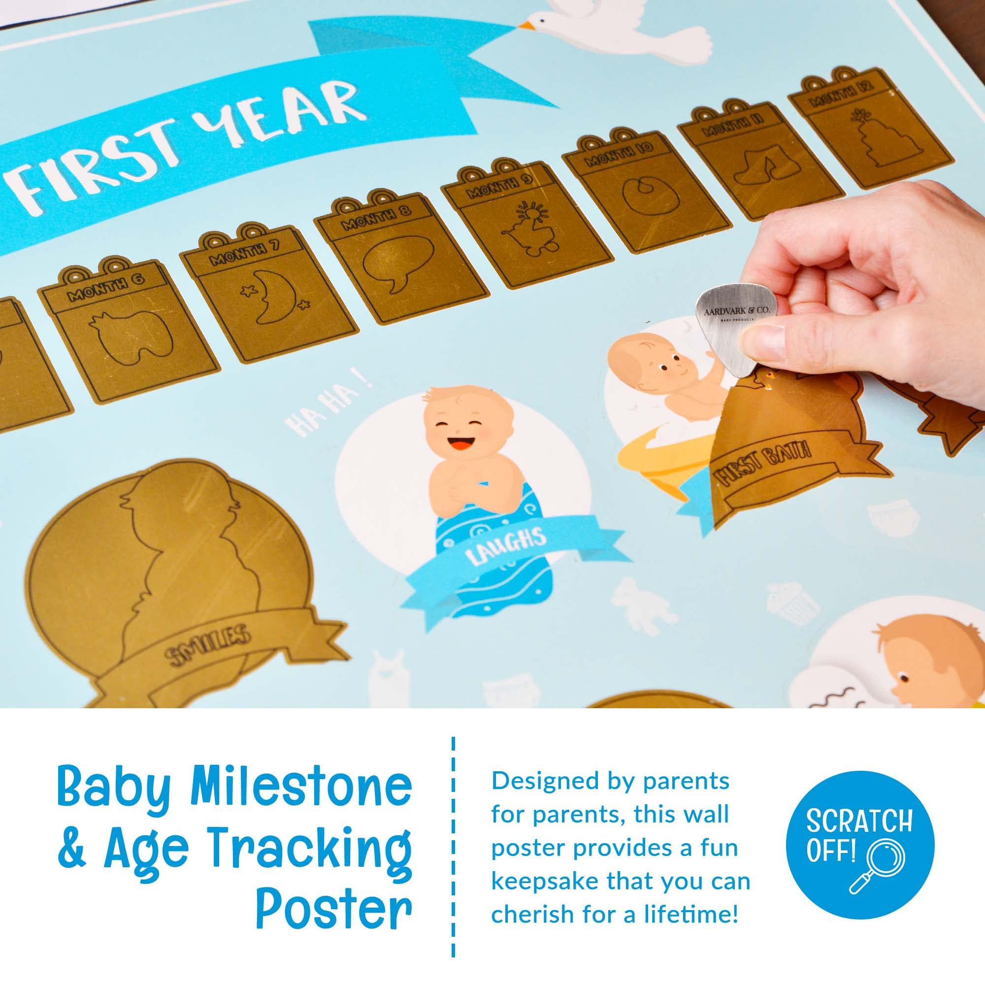 MyFirstYear Interactive Milestone and Age Tracking Poster for Babies, Scratch-Off Wall Poster for Newborns, Fun Nursery Decor, Must-Have Baby Essentials Poster, Blue