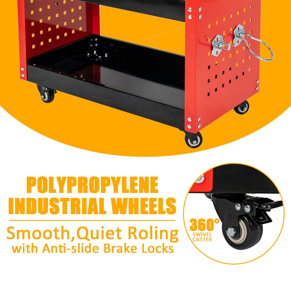 Yeeoy 3 Tier Rolling Tool Cart, Heavy Duty Mechanic Tool Storage Cart with Hooks & Wheels, 660lbs Load Capacity Tool Organizer Side Pegboard kit for Garage Warehouse Repair Shop