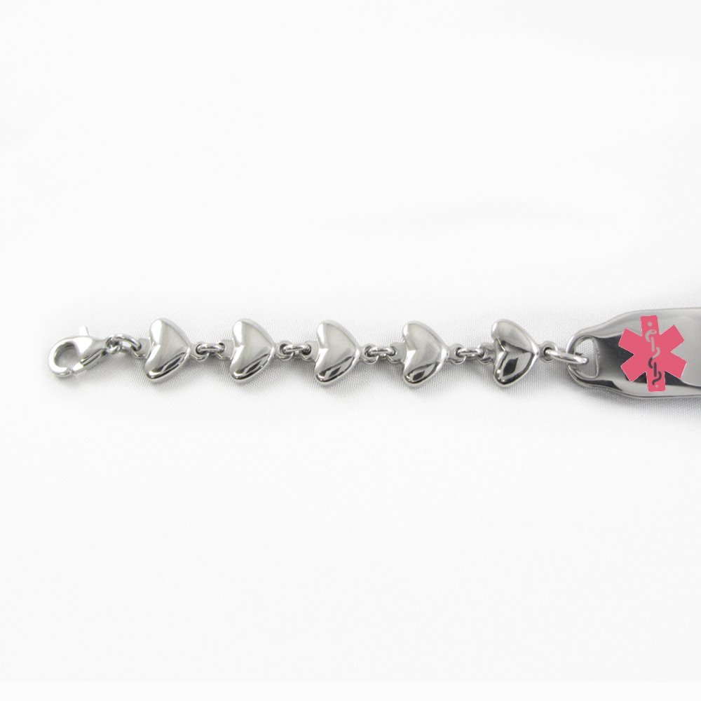 My Identity Doctor - Pre-Engraved & Customized Ladies Diabetes Type II Medical Bracelet, Heart Chain Pink