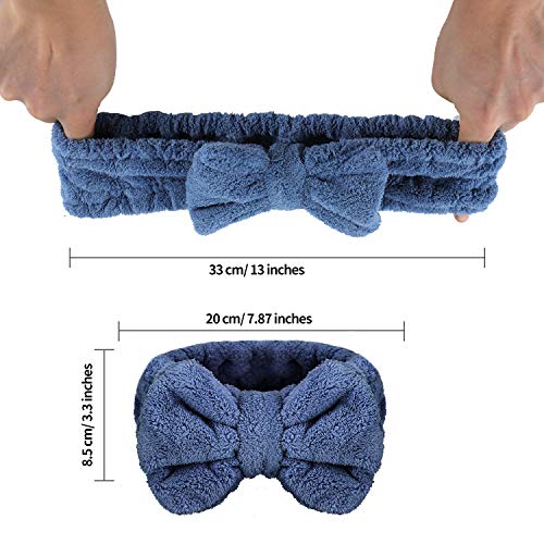 Senkary 4 Pack Bow Makeup Headband Microfiber Spa Headbands Towel Headband Soft Puffy Washing Face Headband for Women Girls Shower Bath Skincare (White, Blue, Black, Dark Grey)