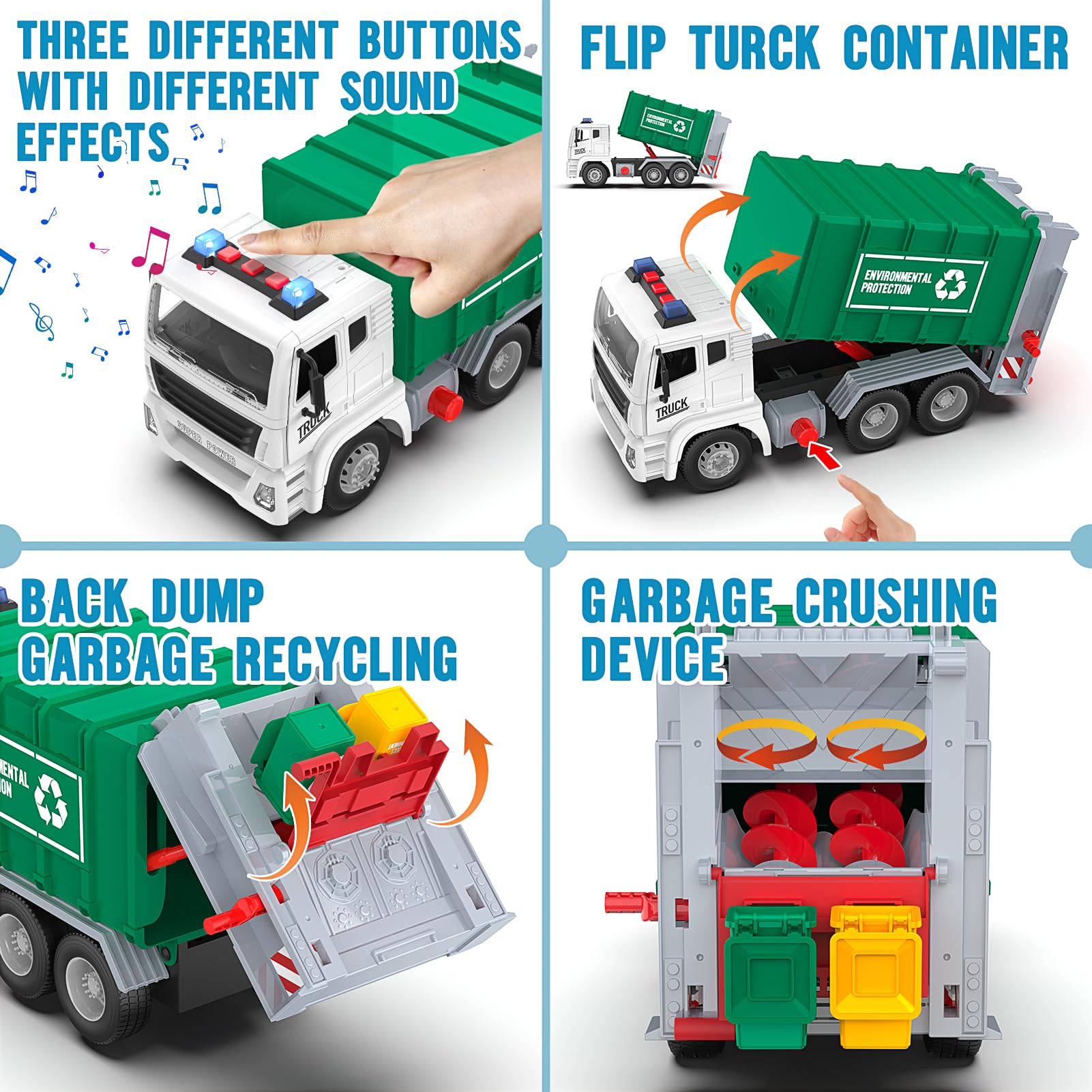 Moritakk 15.5" Large Garbage Truck Toys for 3 4 5 6 7 8 Year Old Boys,Back Dump Garbage Recycling Garbage Truck Toy with 4 Rear Loader Trash Cans,Christmas Birthday Sound Gift for Kids 3+
