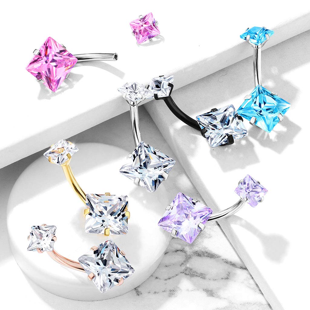 Pierced Owl 14GA Stainless Steel Internally Threaded Double Square CZ Crystal Prong Set Belly Button Ring (Silver Tone/Clear)