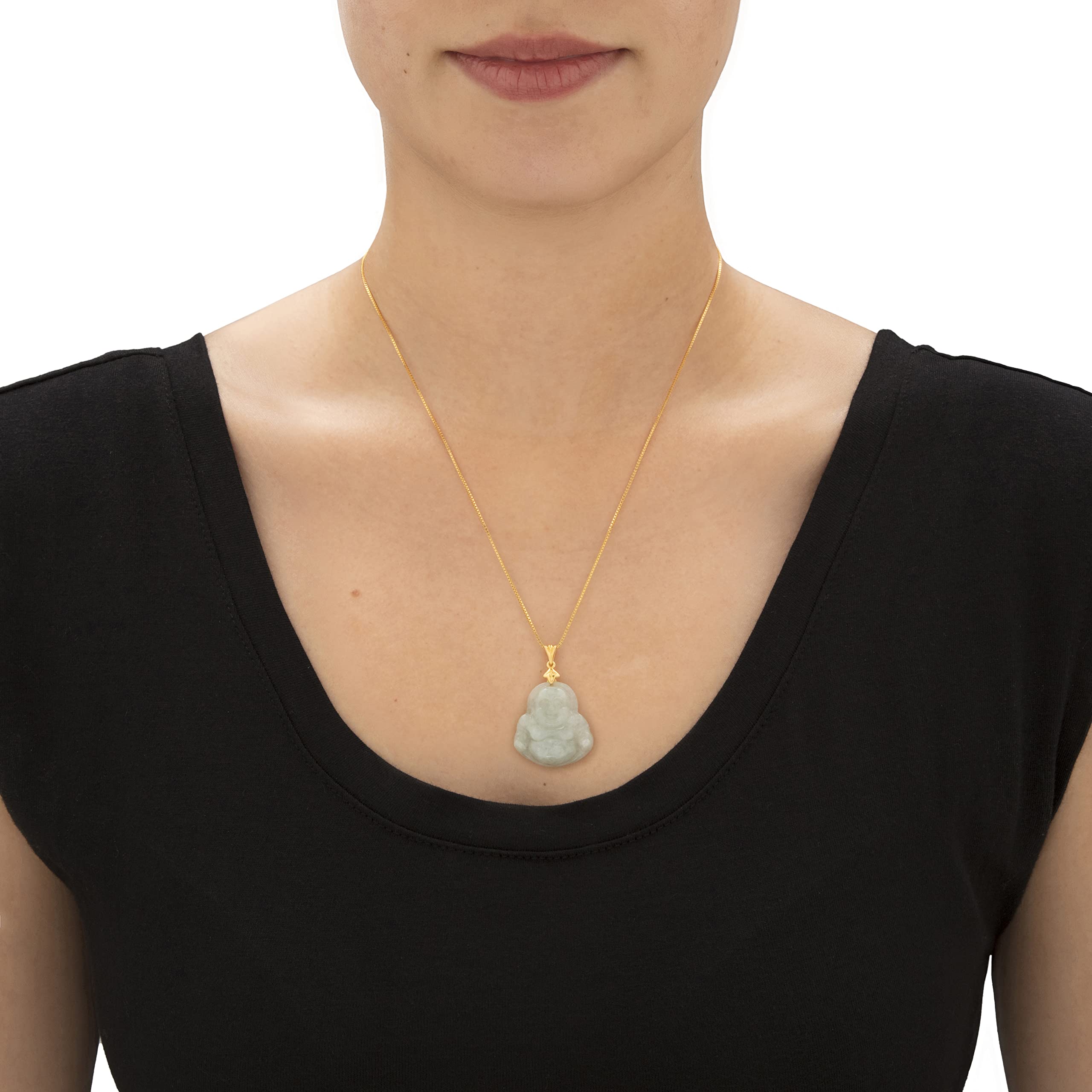 PalmBeach Yellow Gold-plated Sterling Silver Genuine Green Jade Buddha Charm Pendant (32mm), 18 inch Chain
